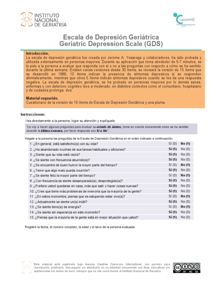 Escala de Depresión Geriátrica Geriatric Depression Scale (GDS) | PDF | Depresión (estado de ...