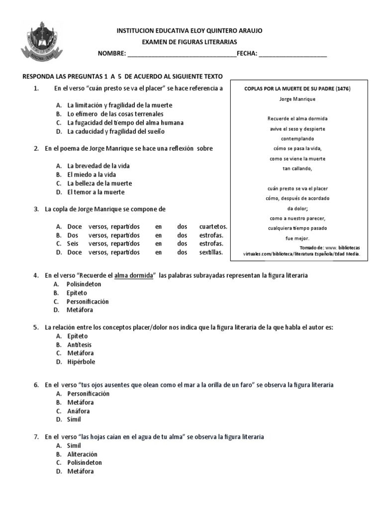 Examen Noveno Figuras Literarias | PDF | Metáfora | Poesía