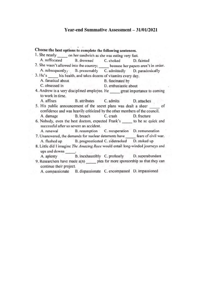 Year-End Summative Assessment - 31/01/2021 | PDF | Senses | Taste