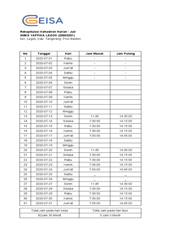 Format Absensi Guru 2020 | PDF