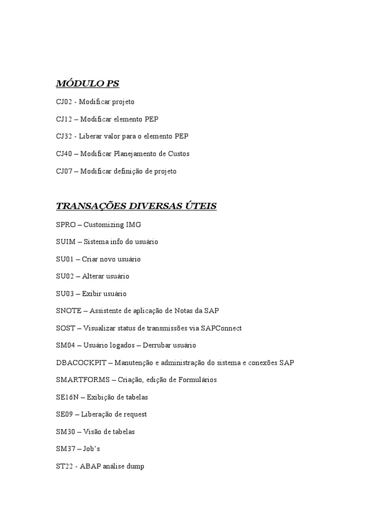 Principais Transacoes Módulo Ps Sap | PDF