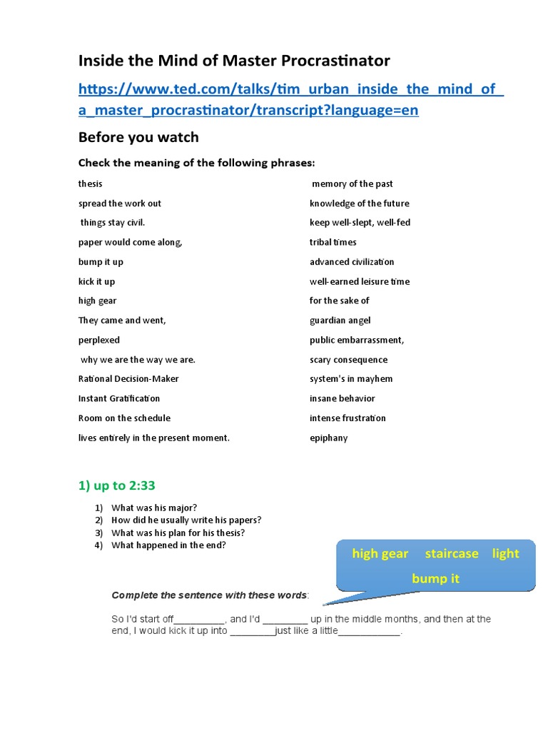 TED Talk: Mastering Procrastination | PDF | Psychological Concepts ...