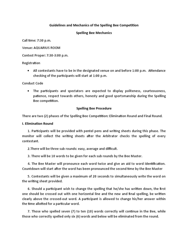 Guidelines and Mechanics of The Spelling Bee Competition Spelling Bee Mechanics | PDF | Linguistics