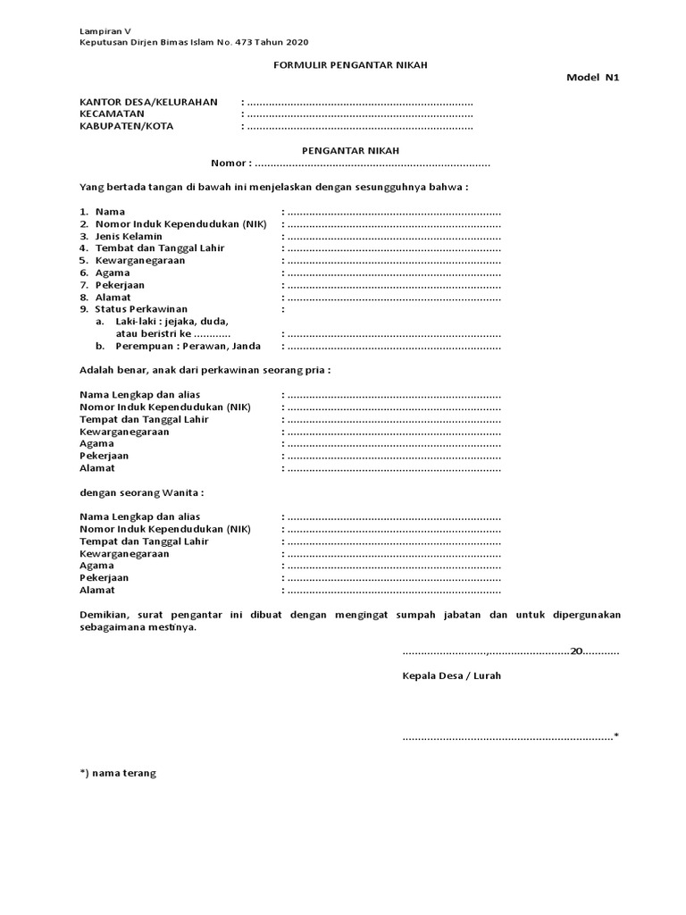 Formulir Pengantar Nikah Model N1 | PDF