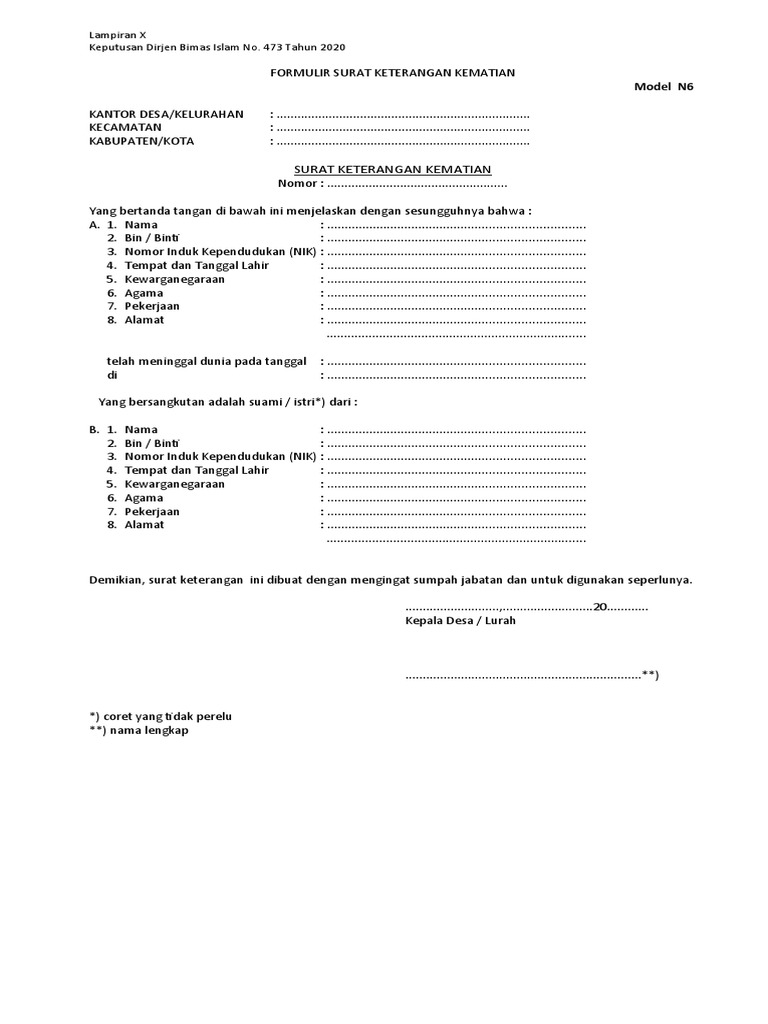 Model N6 (FORMULIR SURAT KETERANGAN KEMATIAN) | PDF