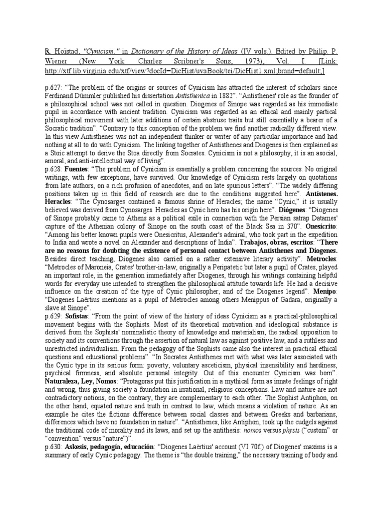 R. Hoïstad, Cynicism, in Dictionary of The History of Ideas | PDF ...
