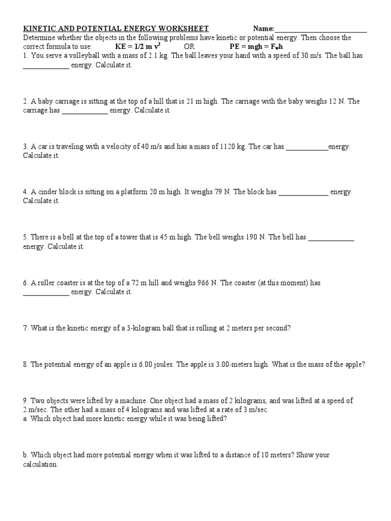 Kinetic and Potential Energy Worksheet | PDF | Potential Energy ...