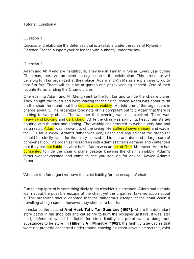 Tutorial Question 4 TORT | PDF | Strict Liability | Common Law