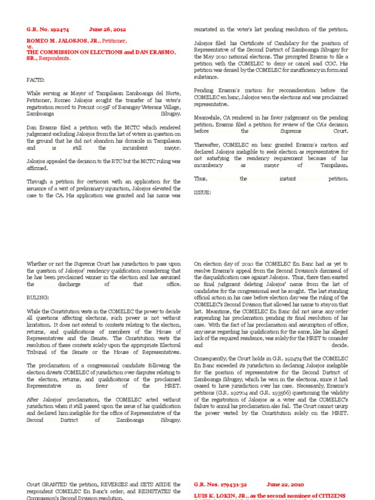 Supreme Court Ruling on Jalosjos' Residency | PDF | Commission On ...