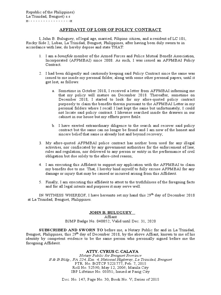 Affidavit of Loss - Policy Contract | PDF | Affidavit | Civil Law ...