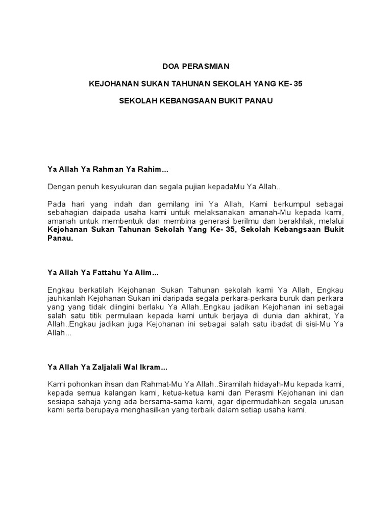 Doa Perasmian Kejohanan Sukan Sekolah SKBP 2020 | PDF