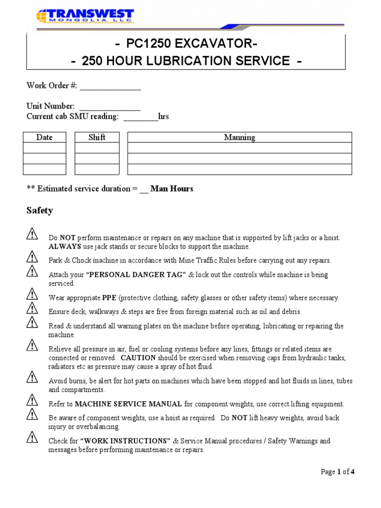 PC 1250 250 HR Service Sheet | PDF | Personal Protective Equipment ...