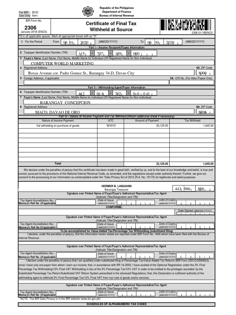 Certificate of Final Tax Withheld at Source: (MM/DD/YYYY) (MM/DD/YYYY ...