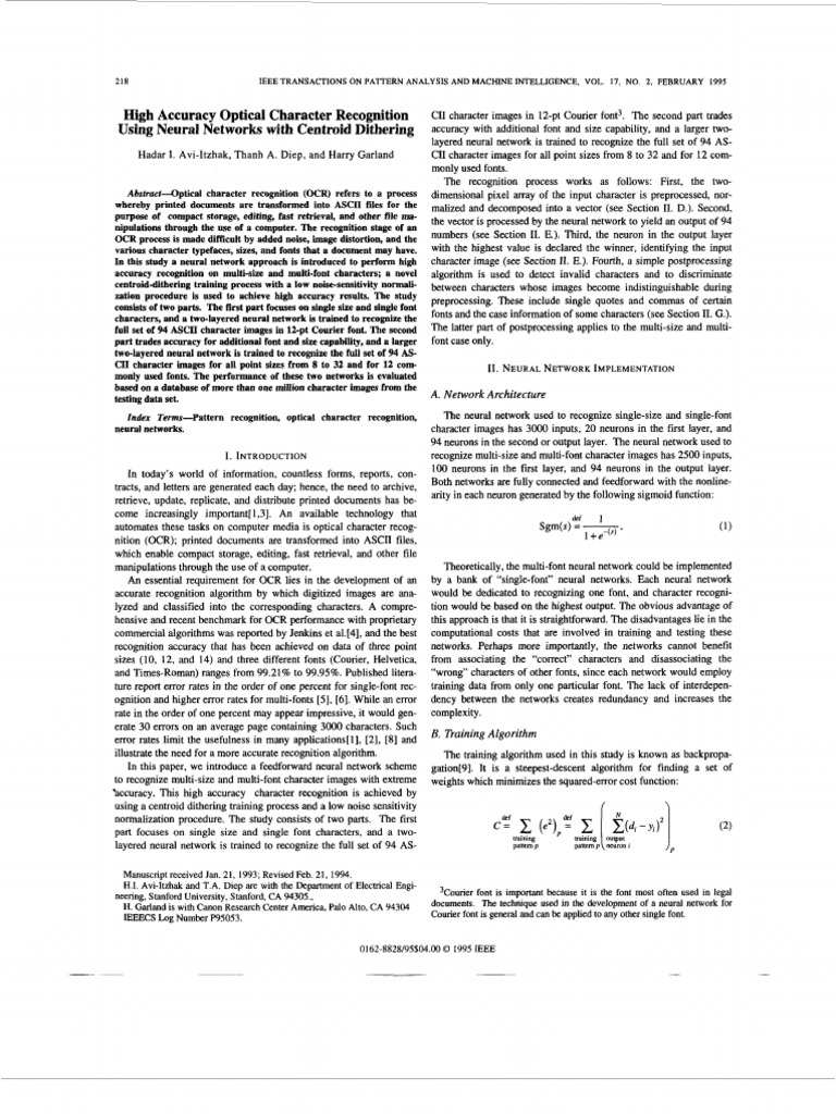 High Accuracy Optical Character Recognition Using Neural Networks With Centroid Dithering | PDF ...