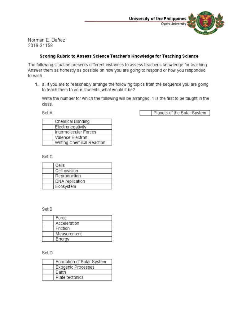 Science Teacher Knowledge Assessment Rubric | PDF | Chemical Compounds ...