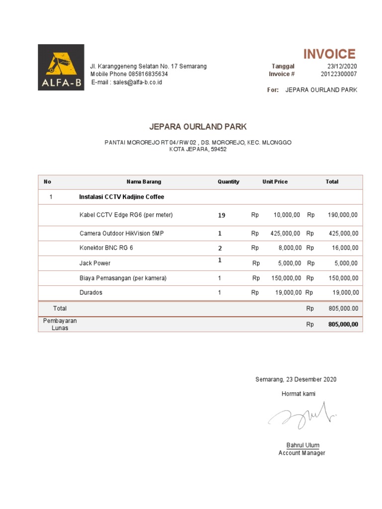 Installation CCTV Invoice for Jepara Ourland Park | PDF