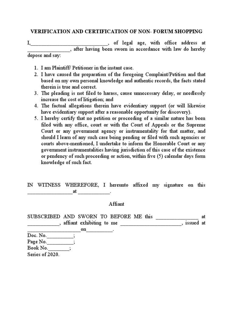 Non-Forum Shopping Certification Document | PDF