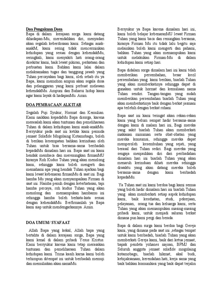 Doa Pengakuan Dosa, Doa Persembahan Dan Doa Umum-1 | PDF