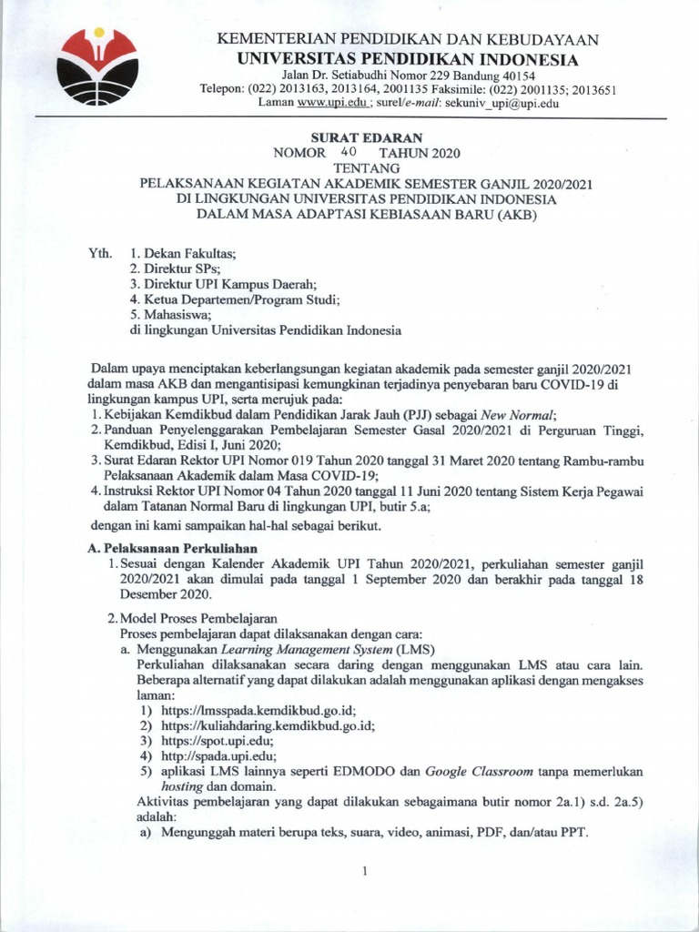 Surat Edaran Nomor 40 Tahun 2020 Tentang Pelaksanaan Kegiatan Akademik ...