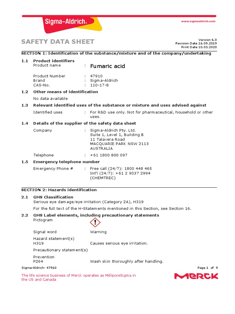 Safety Data Sheet: Fumaric Acid | PDF | Toxicity | Occupational Hygiene