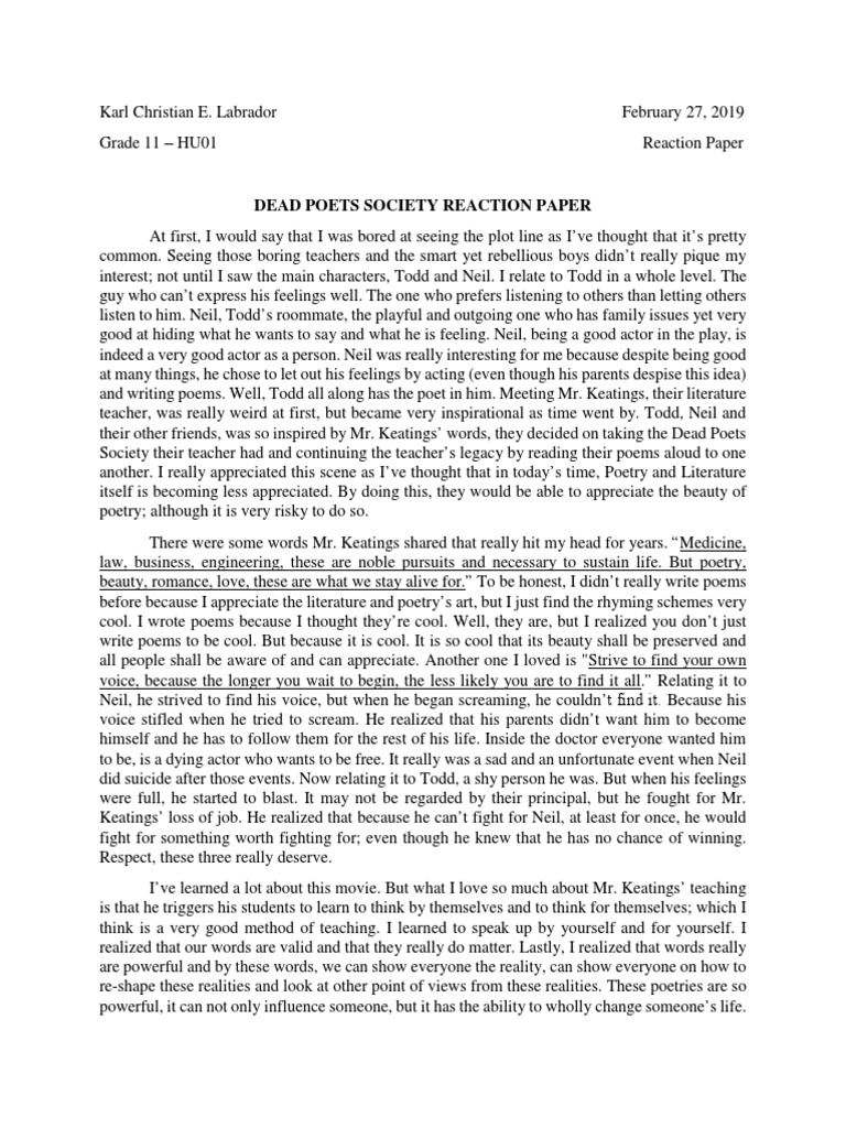 Dead Poets Society Reaction Paper | PDF | Poetry