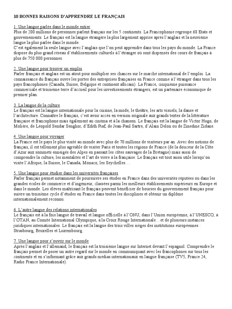 10 BONNES RAISONS D'apprendre Le Francais | PDF | Langue française | France