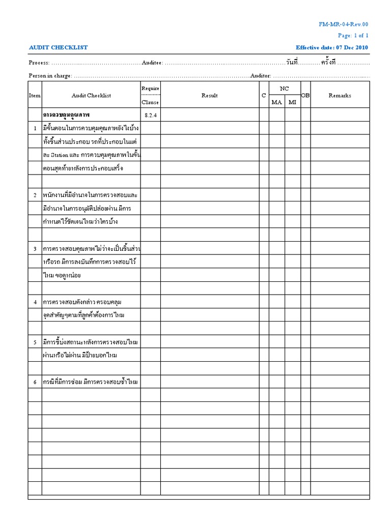 Audit Checklist Quality Control | PDF