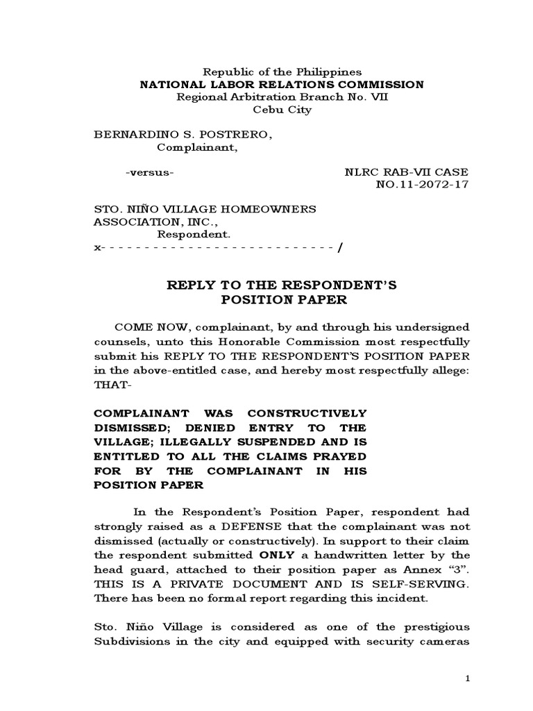 Complainant Reply Position Paper-NLRC-StoNiño2017 | PDF | Employment ...