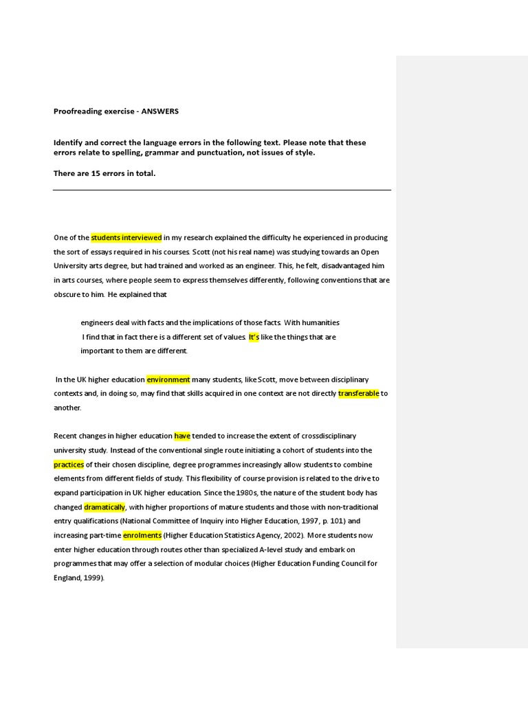 Proofreading Exercise - ANSWERS | PDF | Higher Education | Academic Degree