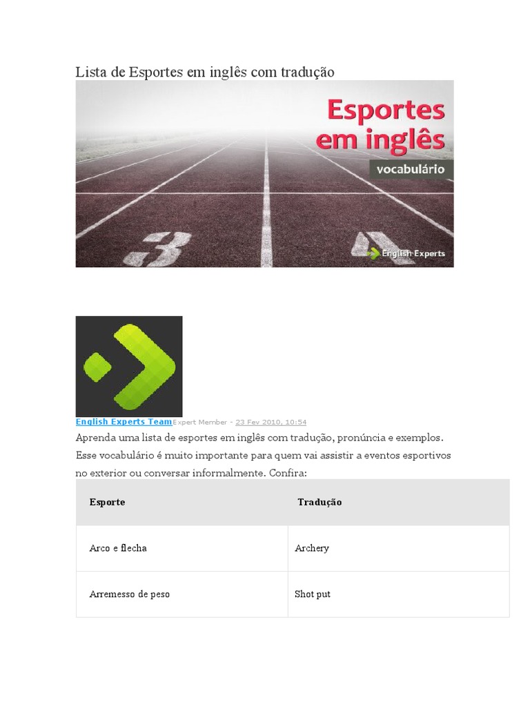 Lista de Esportes em Inglês com Tradução | PDF | Esportes e Recreação