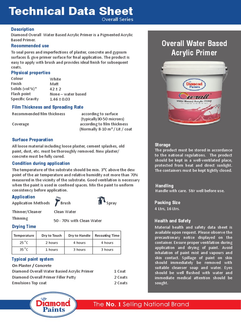 Diamond Overall Water Based Acrylic Primer Technical Data Sheet | PDF | Paint | Plaster