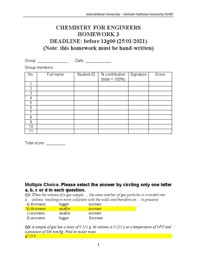 Chemistry for Engineers Homework 3: Multiple Choice Questions on ...