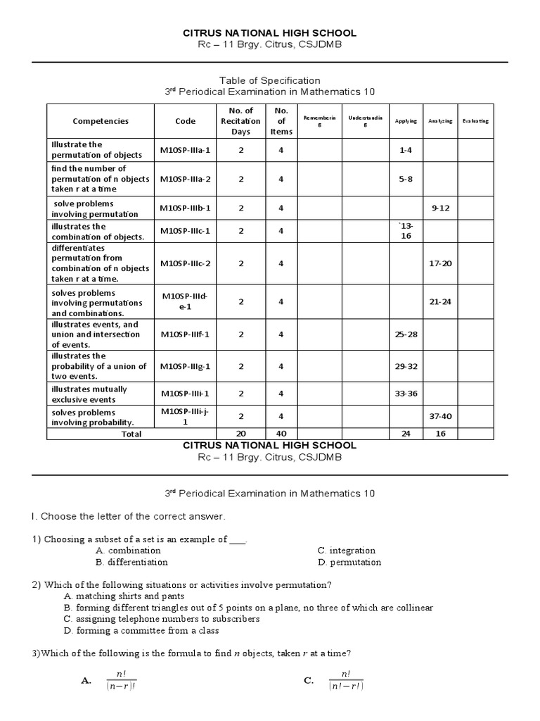 3rd Periodic Exam in Math 10 | PDF | Permutation | Dice