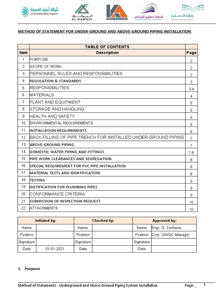 Method of Statement For Under-Ground and Above-Ground Piping ...