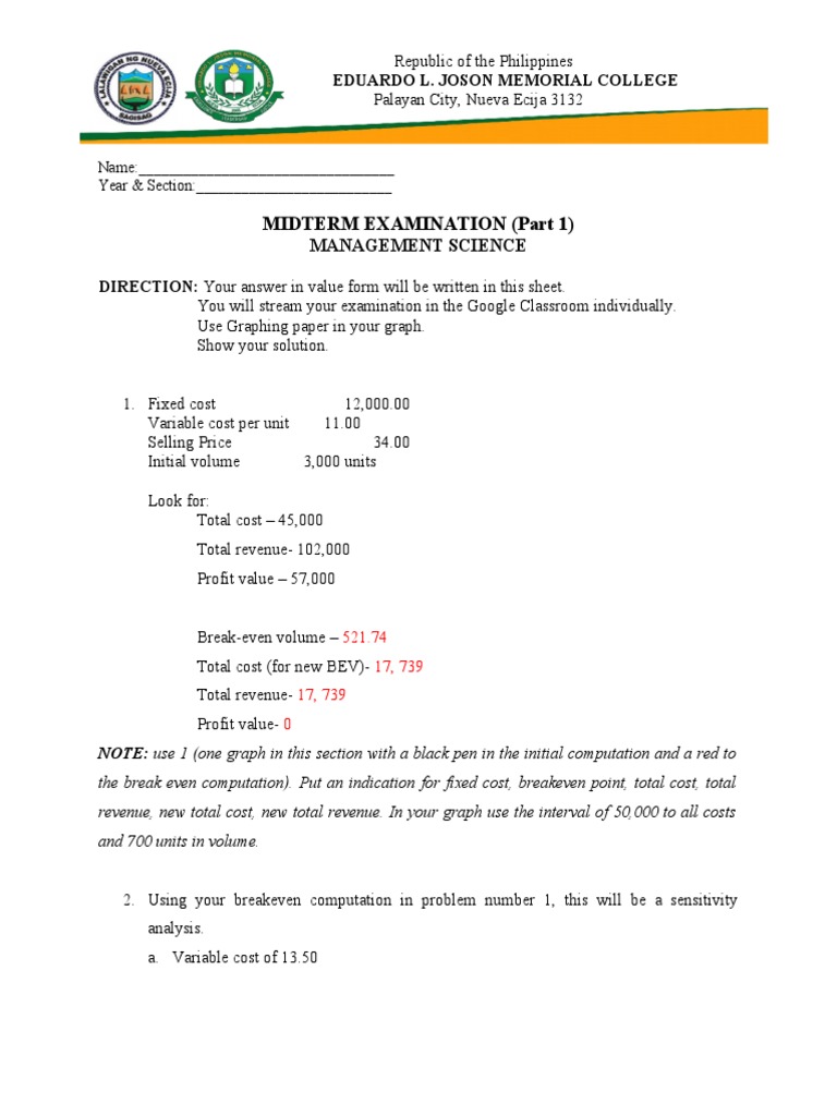Management Science Midterm Exam Guide | PDF | Teaching Methods & Materials