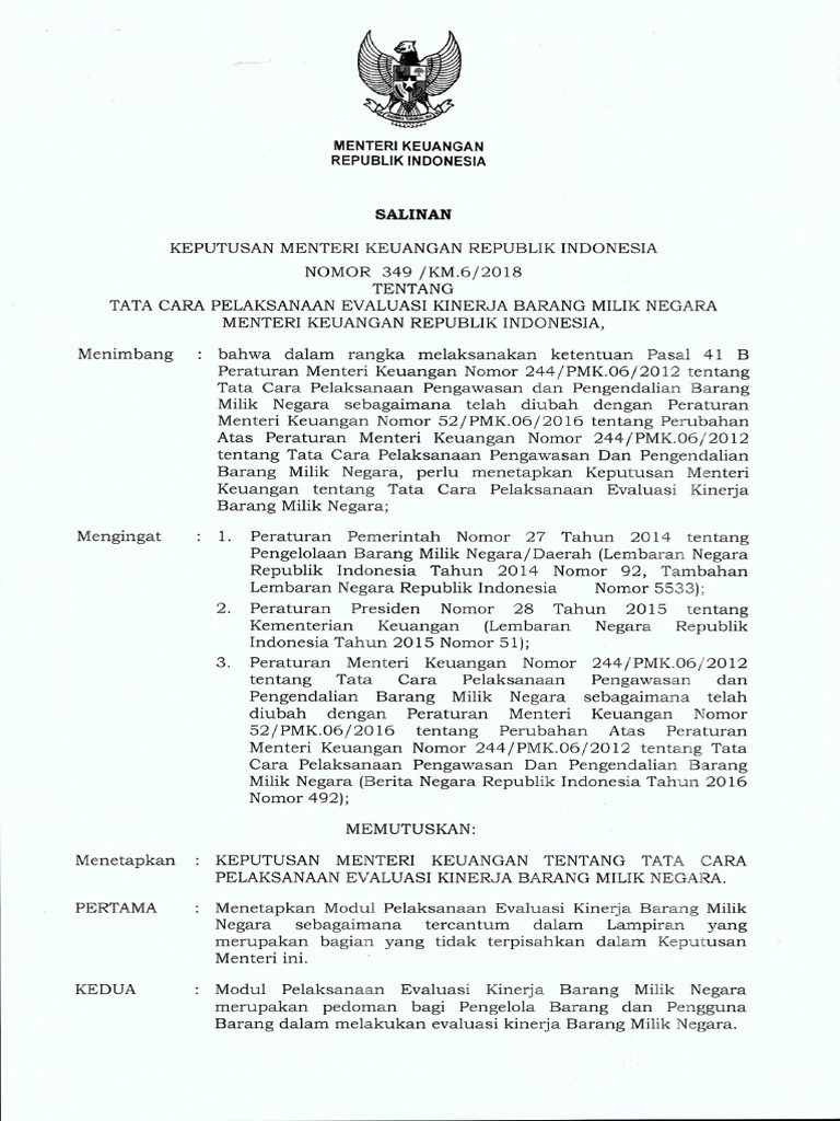 SALINAN KMK 349 (Tata Cara Pelaksanaan Evaluasi BMN) | PDF