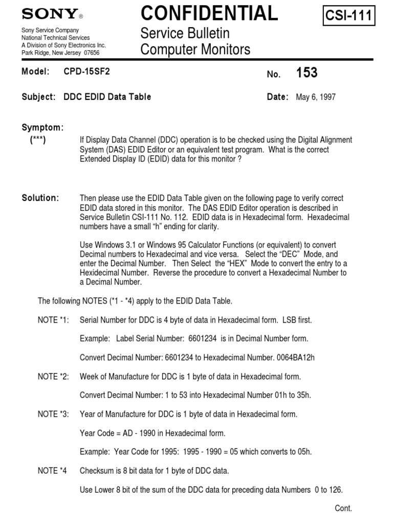 Sony DDC Edid Data Table Das | PDF | Computer Data | Computer Architecture
