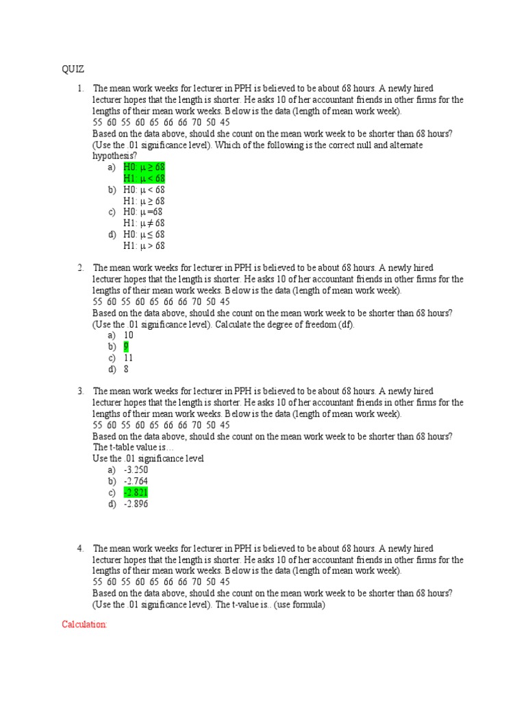 Quiz Ans Key | PDF | Statistical Significance | Standard Deviation