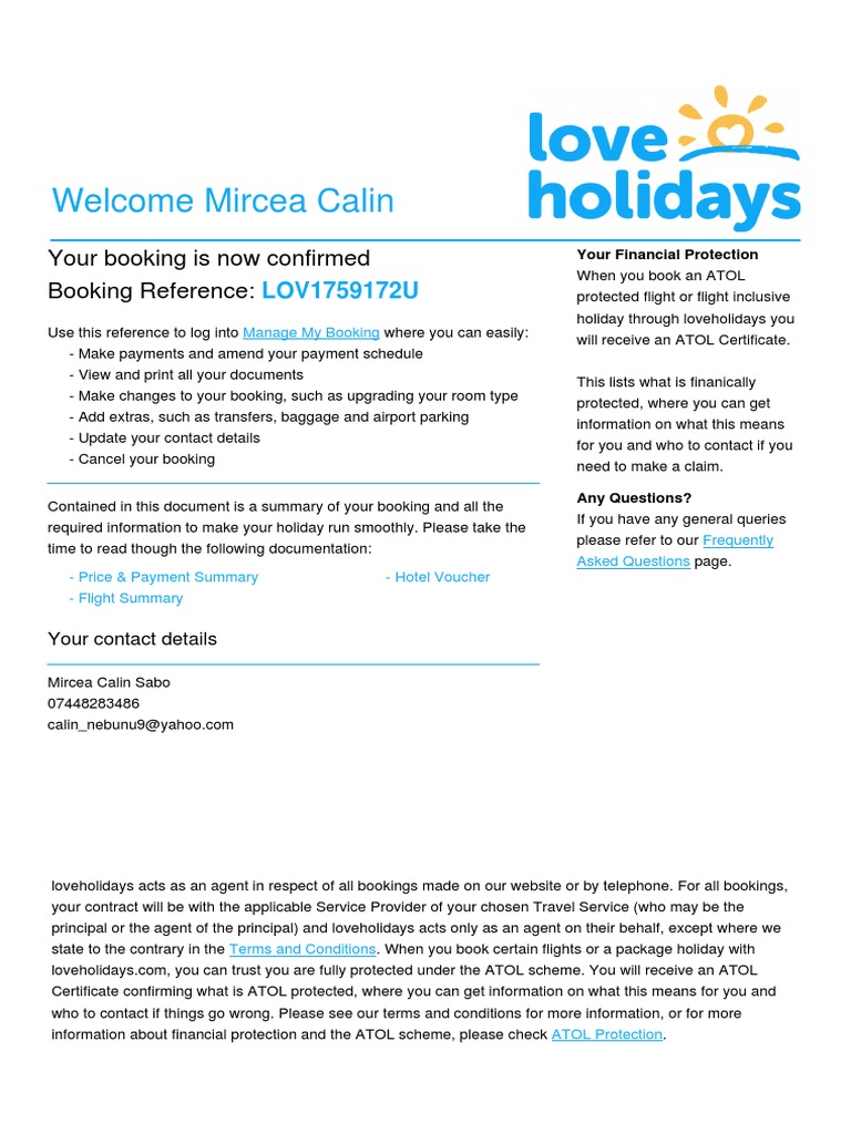 Welcome Mircea Calin: Your Booking Is Now Confirmed Booking Reference ...