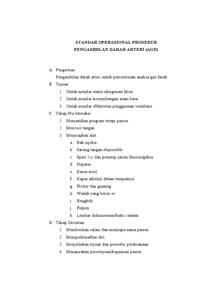 Sop Pengambilan Darah Arteri (Agd) | PDF