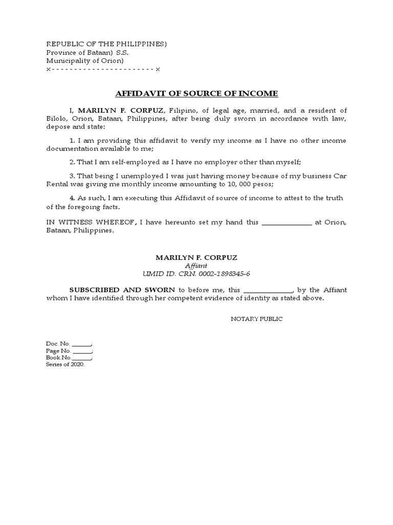 Affidavit of Source of Income: Marilyn F. Corpuz | PDF | Social Science