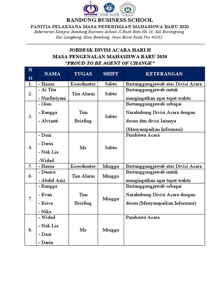 Jobdesk Divisi Acara Kegiatan MBMB | PDF