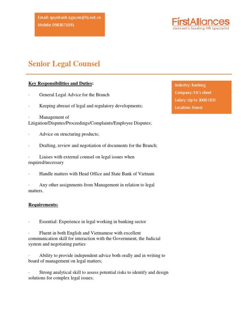 Senior Legal Counsel Role in Banking | PDF | Law
