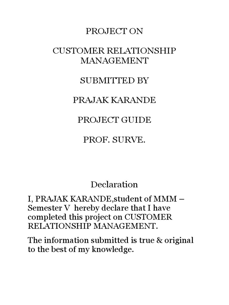 Project On Customer Relationship Management Submitted by Prajak Karande ...