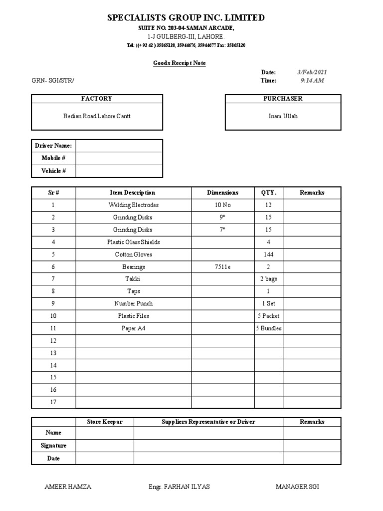 Goods Receipt for Industrial Supplies | PDF