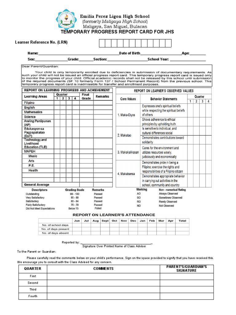 Temporary Progress Report Card For Jhs | PDF