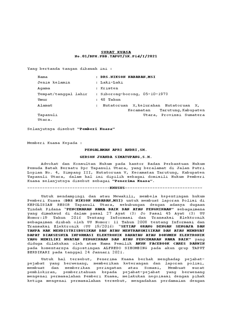 Surat Kuasa Nikson Nababan | PDF