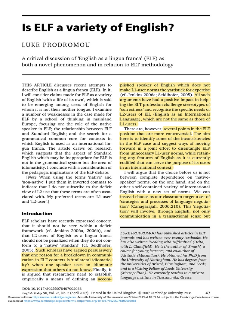 Is ELF A Variety of English?: Luke Prodromou | PDF | Cultural ...