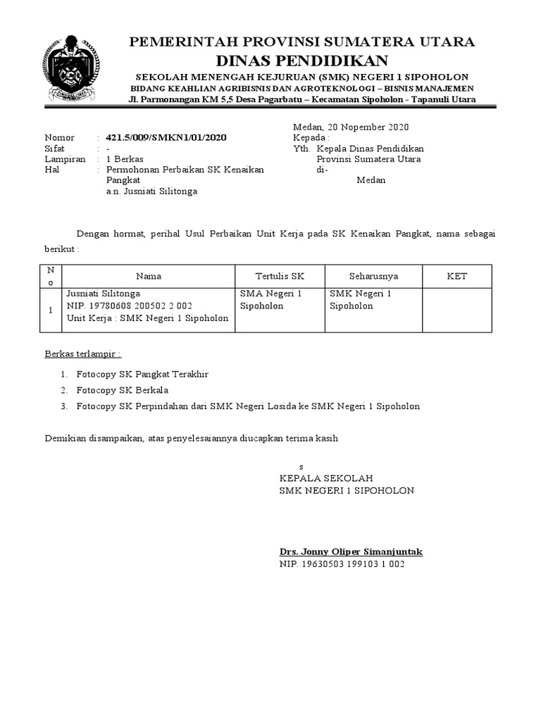 Permohonan Perbaikan SK Kenaikan Pangkat A.N. Jusniati Silitonga | PDF