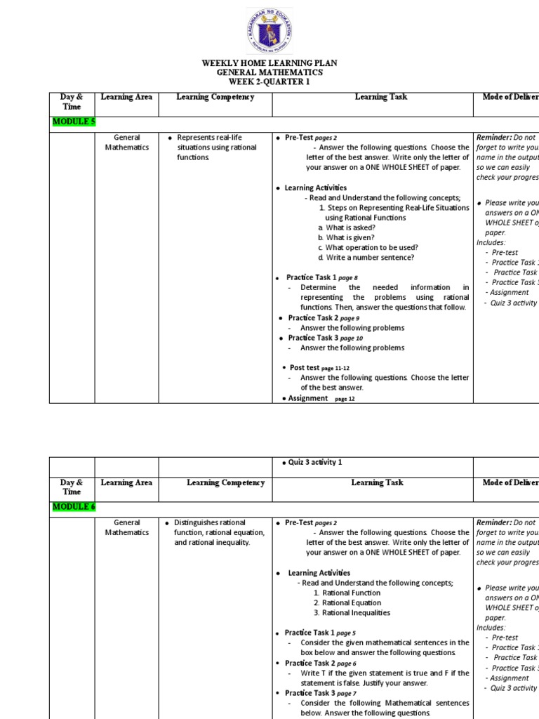 General Math Weekly Home Learning Plan Week 2-3 | PDF | Function ...